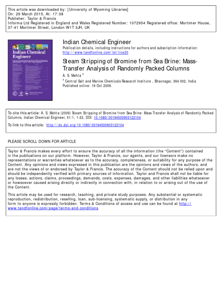 Steam Stripping Of Bromine From Sea Brine Mass Transfer Analysis Of