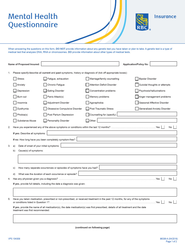 Mental Health Questionare 221 | PDF | Mental Disorder | Anxiety Disorder