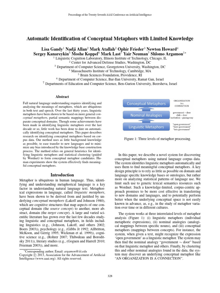 Automatic Identification of Conceptual Metaphors With Limited Knowledge | PDF | Metaphor | Analogy