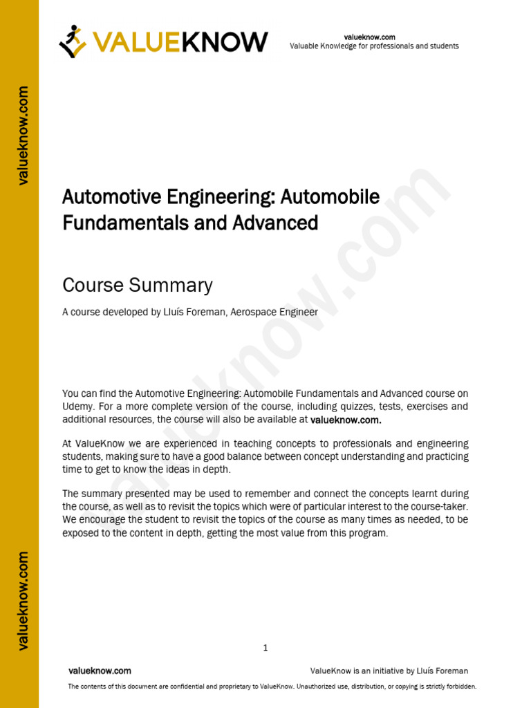Automotive Course Summary | PDF | Manual Transmission | Engines