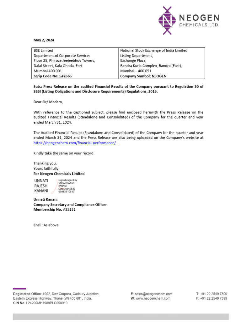 Neogen Chemicals Q4 FY24 Financial Results | PDF | Lithium Ion Battery