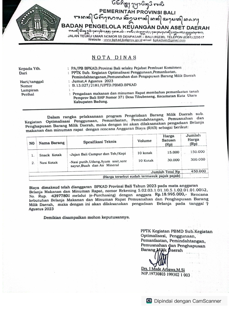 Nota Dinas Belanja Makmin 7 Agustus 2023 | PDF