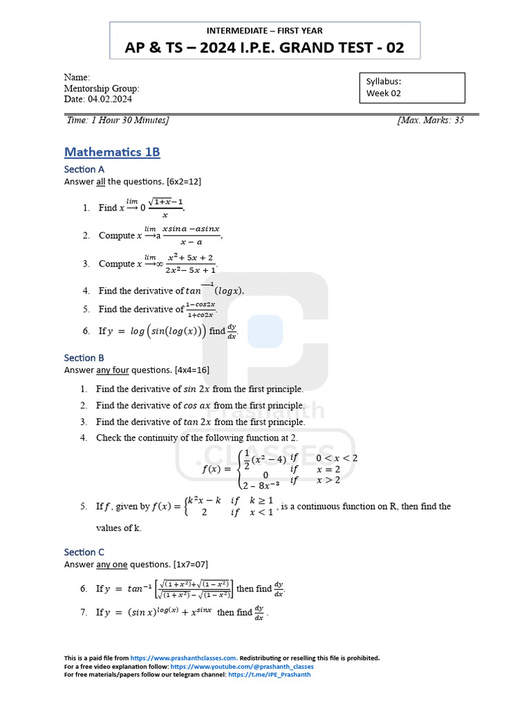 AP & TS 2024 I.P.E. Grand Test 02 | PDF | Mathematics
