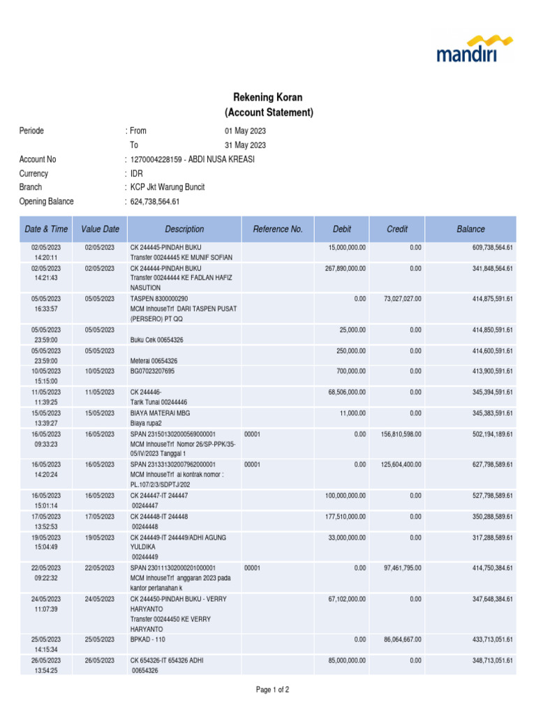 Rekening Koran PT Abdi Nusa Kreasi | PDF | Accounting | Financial Services