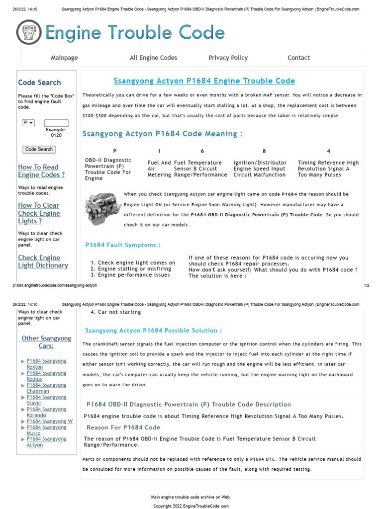 Ssangyong Actyon P1684 Engine Trouble Code - Ssangyong Actyon P1684 OBD ...