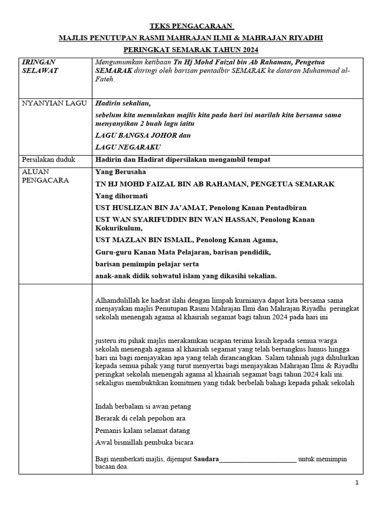 Teks Pengacaraan Majlis Penutupan Rasmi Mahrajan Ilmi & Mahrajan | PDF Teks Pengacaraan Majlis Penutupan Rasmi Mahrajan Ilmi & Mahrajan | PDF