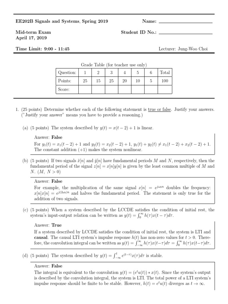 Sigsys 2019 Spring Midterm Solution | PDF | Convolution | Fourier Series