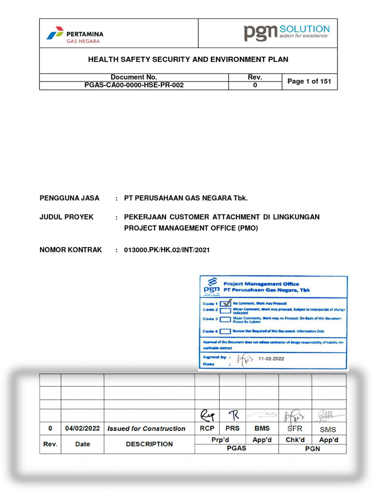 2022 - PGAS-CA00-0000-HSE-PR-002 Rev 0 HSSE Plan | PDF | Teknologi & Rekayasa