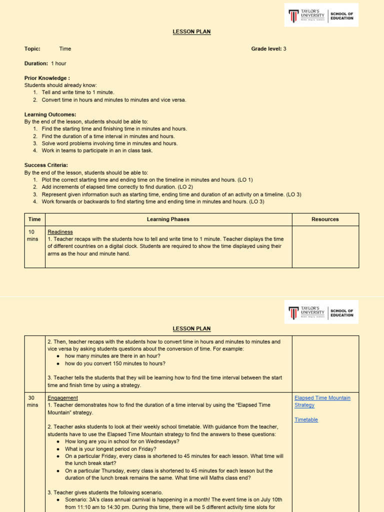 Math Lesson Plan (Time) | PDF | Lesson Plan | Teaching