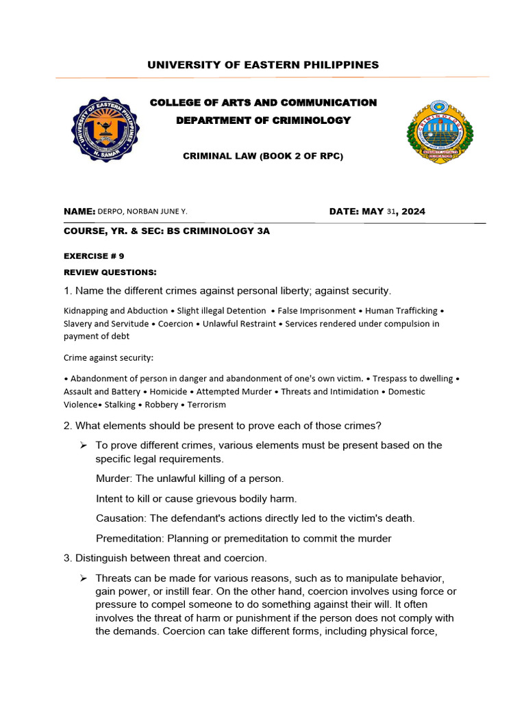 Criminal Law (Book 2 of RPC) : Exercise # 9 Review Questions | PDF ...