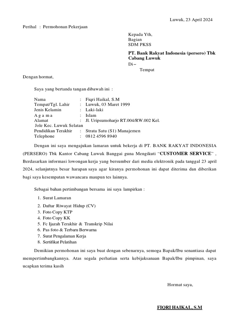 Lamaran Kerja Customer Service | PDF