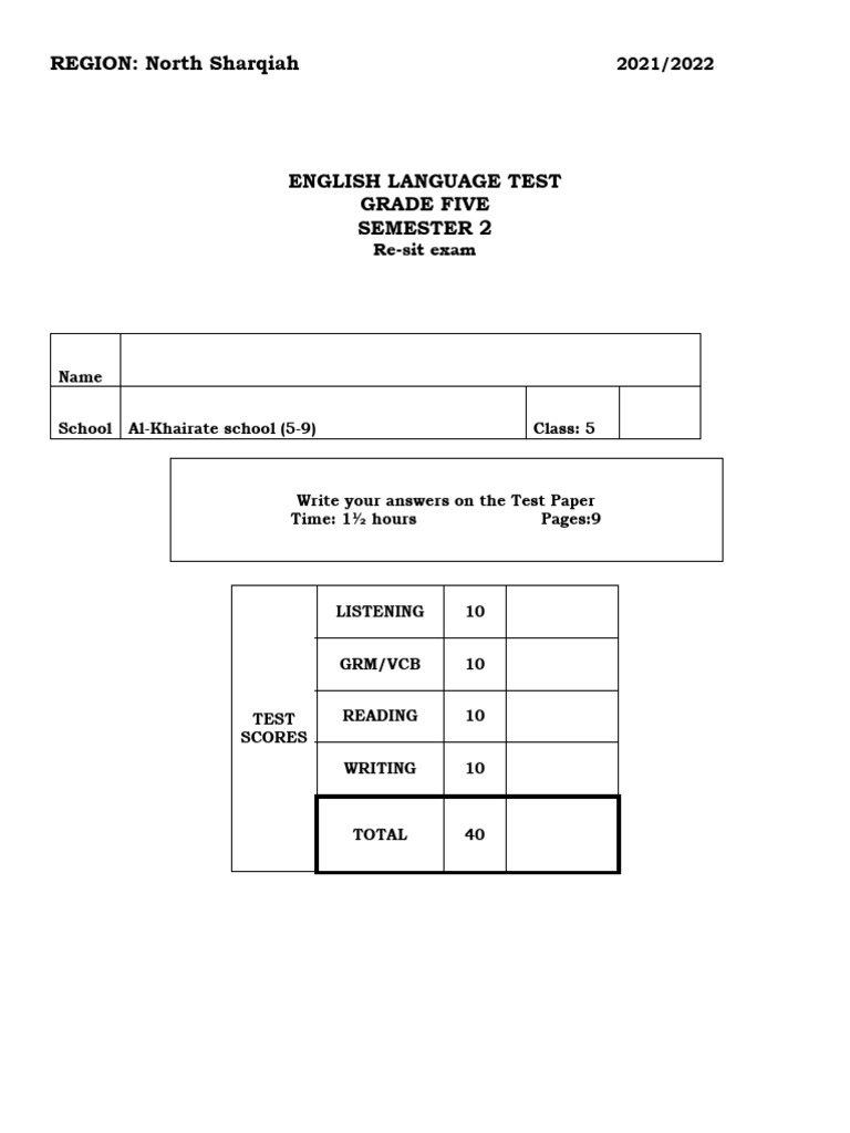 grade 5 resit exam 2022 | PDF | English Language | Linguistics
