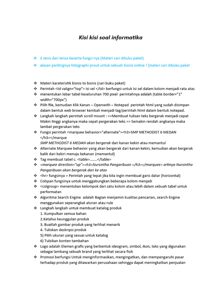 Kisi Kisi Soal Informatika Kelas 9 | PDF | Bisnis