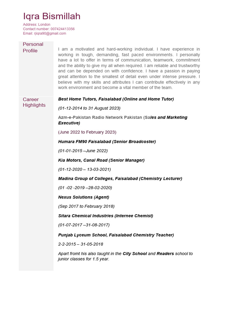 Iqra Bismillah: Professional Profile & Experience | PDF