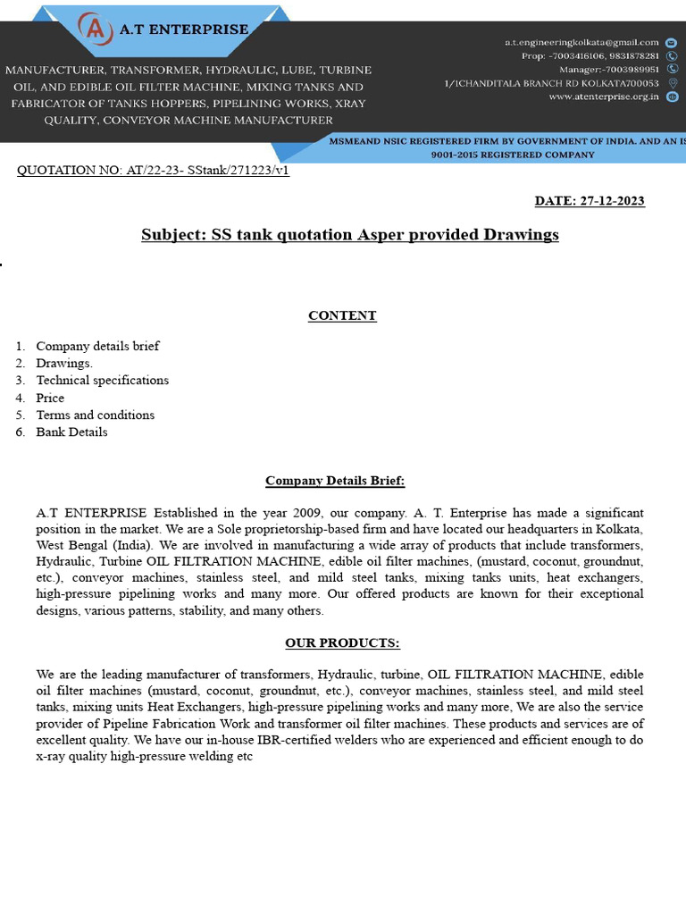 SS Tank Quotation and Specifications | PDF | Mechanical Engineering