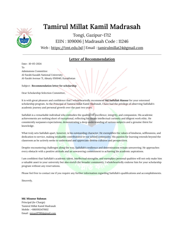 _Kazakh Principal (In-Charge) Recommendation Letter | PDF
