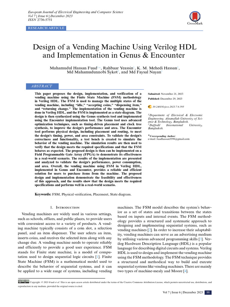 Design of A Vending Machine Using Verilog HDL and | PDF | Hardware ...