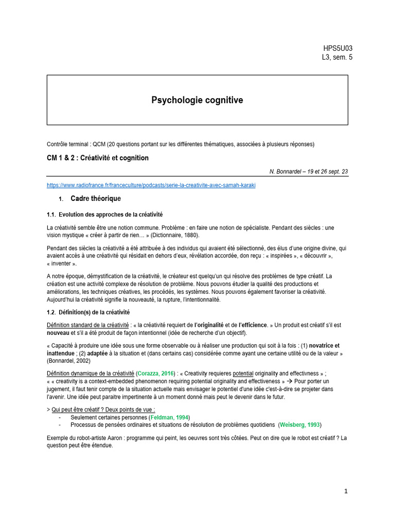 CM - L3, Semestre 5 - Psychologie Cognitive | PDF | Créativité ...