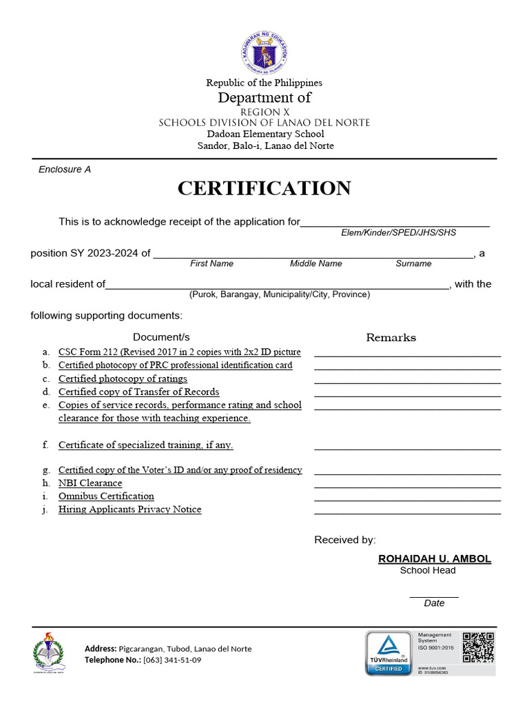 DADOAN APPLICANT CERTIFICATION | PDF | Access Control | Authentication