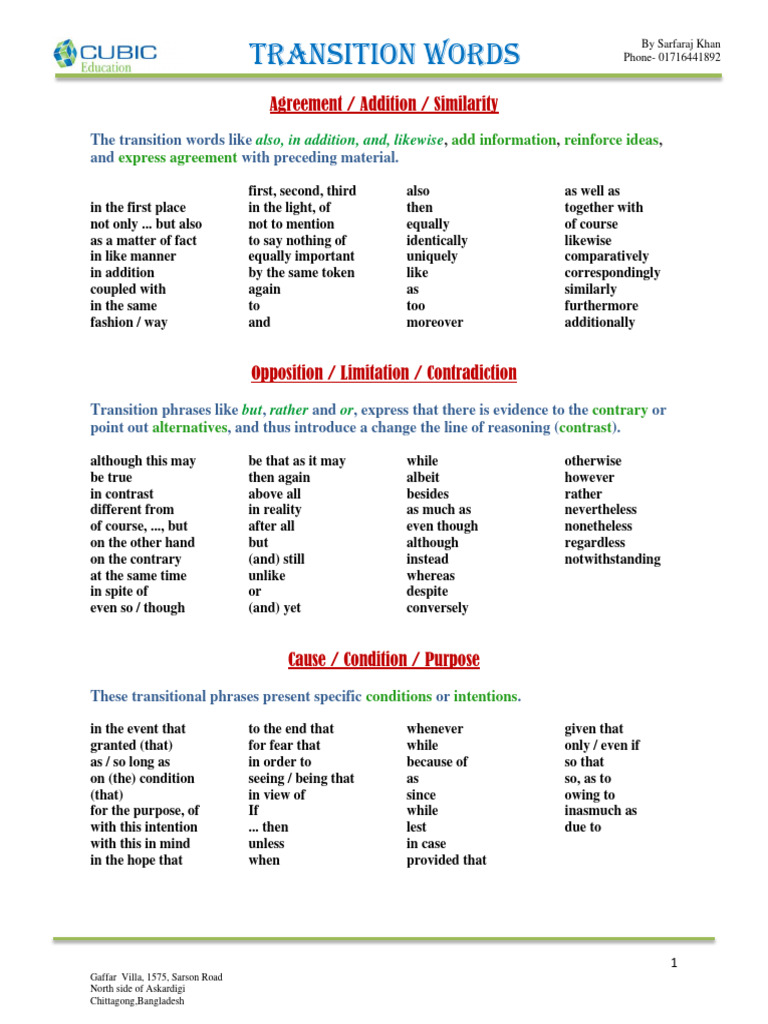 Writing Word List Transition Words | PDF