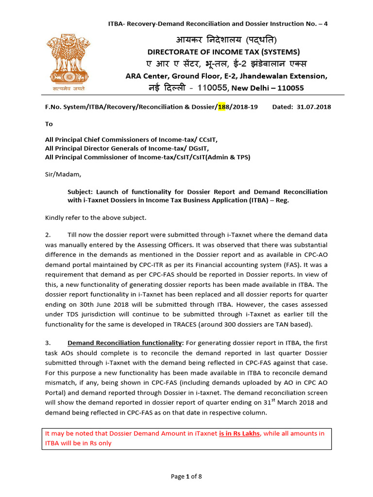 ITBA Dossier Report & Demand Reconciliation | PDF | Income Tax ...