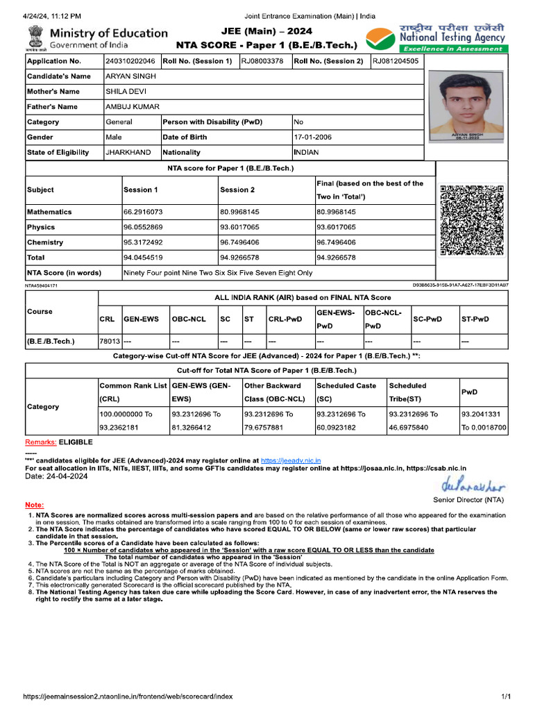 Jee Main Result Card | PDF