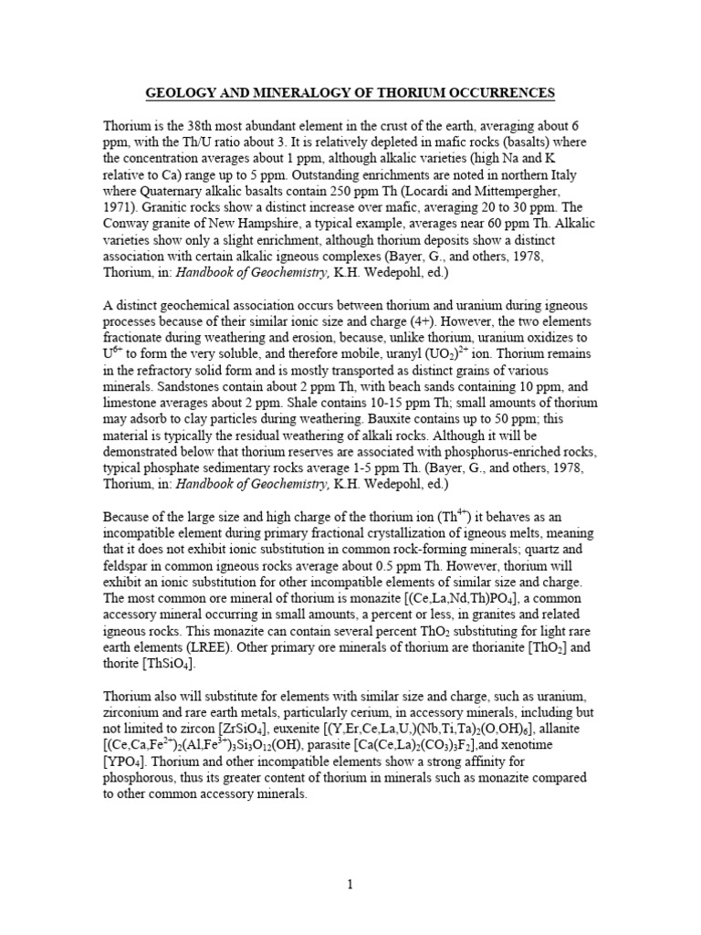 Thorium Geologyand Mineralogyof Occurrences | PDF | Magma | Igneous Rock