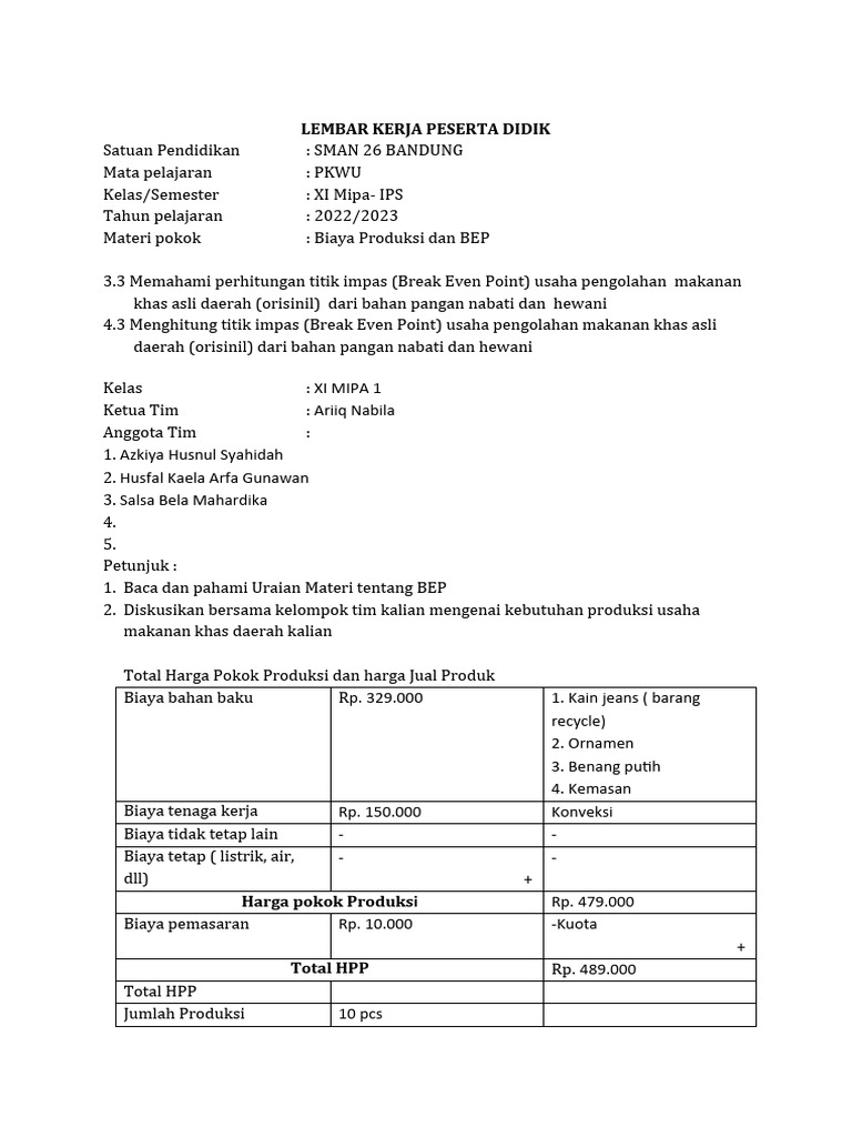 LKPD Biaya Produksi Dan BEP Kel 6 | PDF