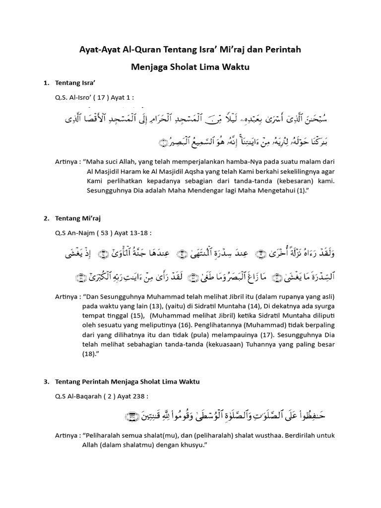 Ayat Ayat Al Qur'an Tentang Isra' Mi'raj Dan Perintah Menjaga Sholat | PDF