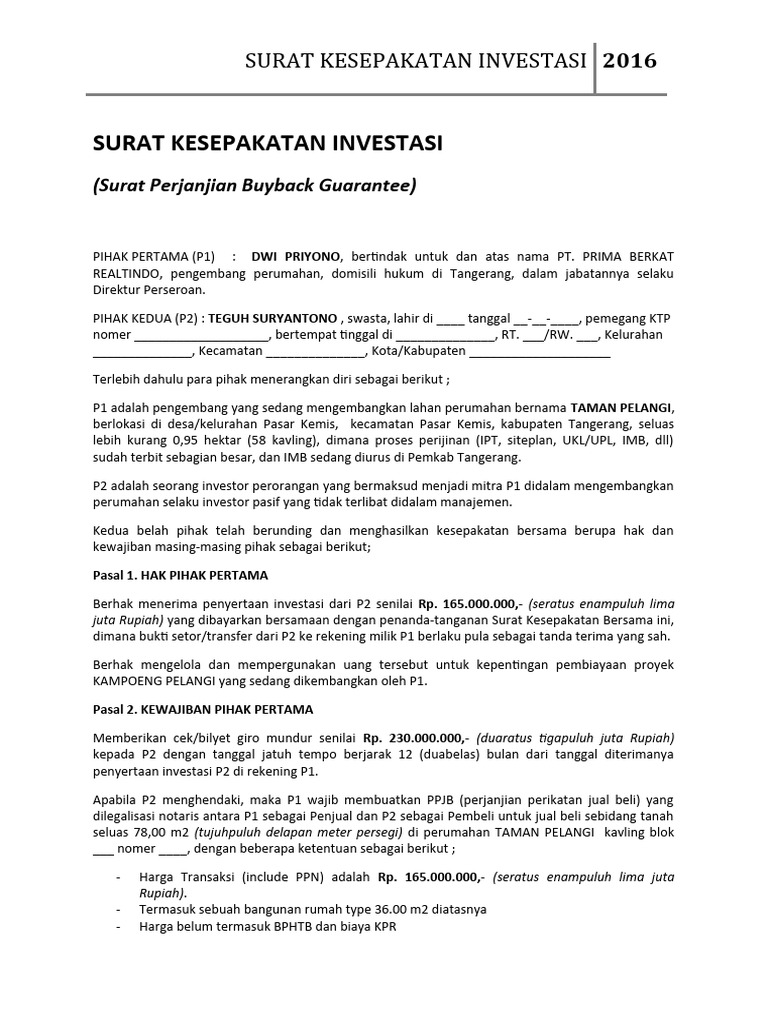 Surat Perjanjian Buyback Guarantee | PDF