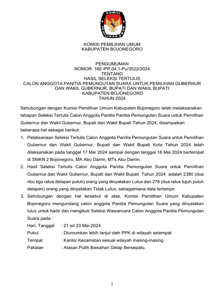 Pengumuman Hasil Seleksi Tertulis PPS | PDF