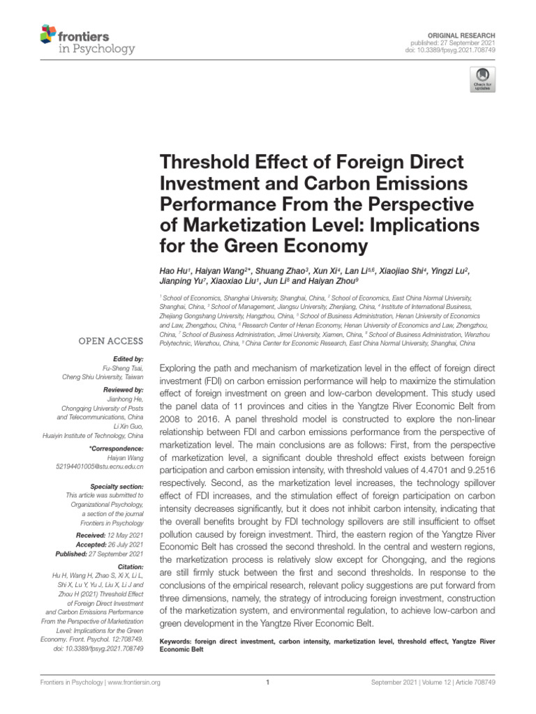 Threshold Effect of Foreign Direct Investment and Carbon Emissions Performance From The ...