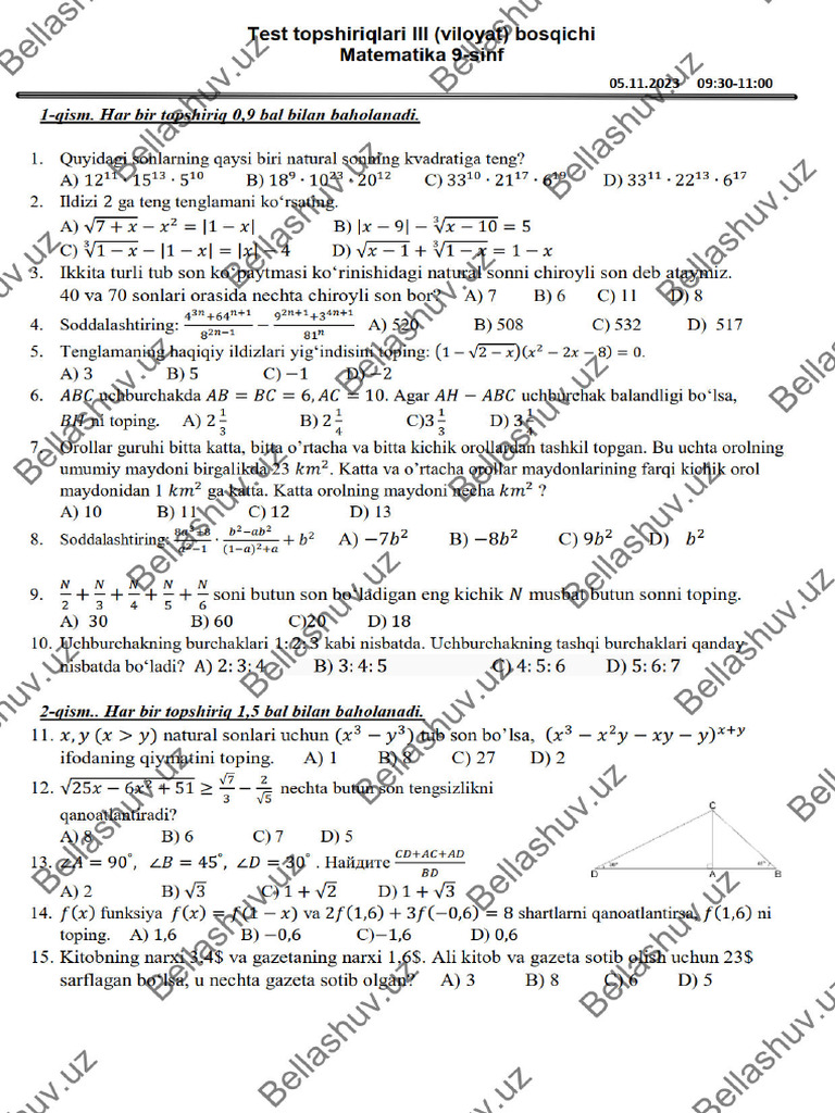 Matematika 9 Sinf Test | PDF