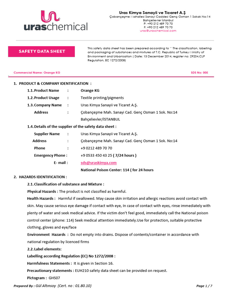 SDS-005 Orange KG | PDF | Toxicity | Occupational Safety And Health