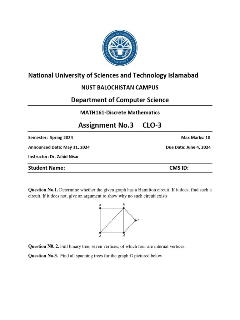 Discrete Math Assignment 3 NUST | PDF