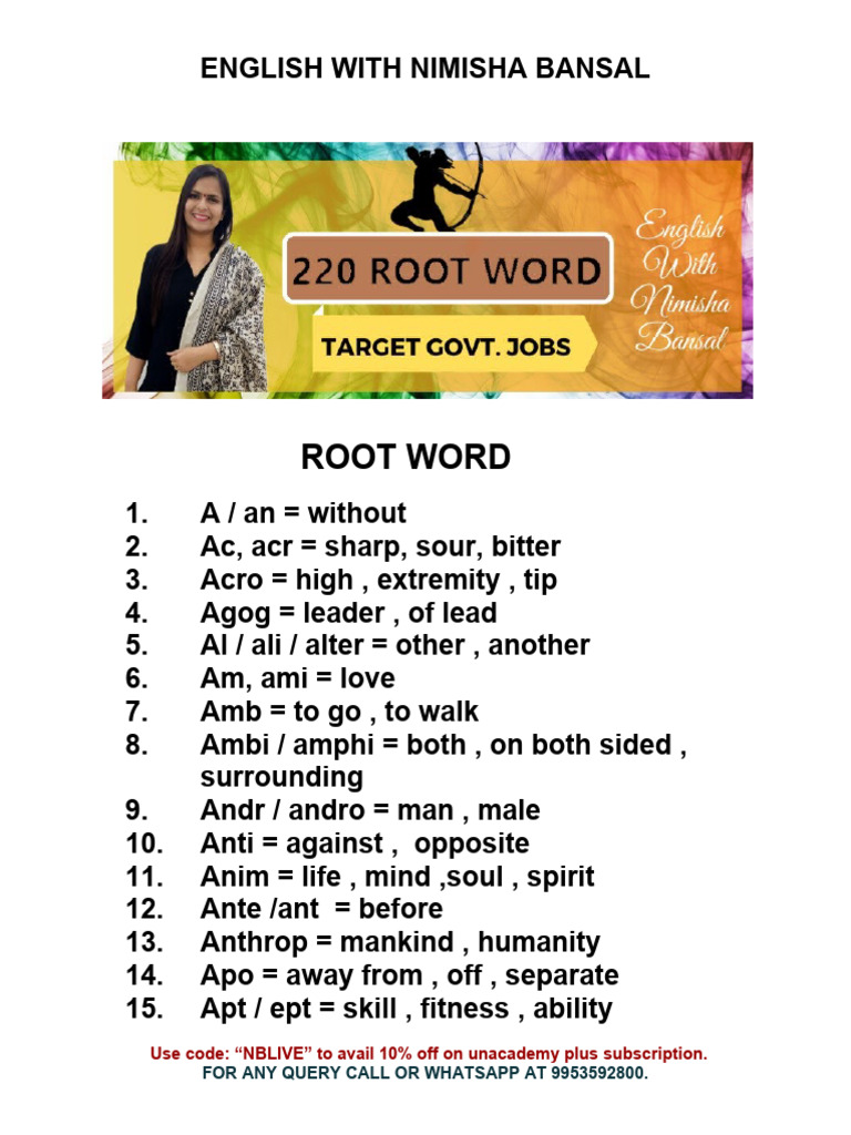 Root Word: Use Code: "NBLIVE" To Avail 10% Off On Unacademy Plus ...