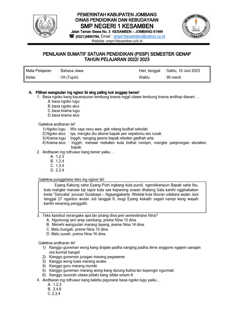 Naskah Soal Sas Genap Bahasa Jawa Kelas Vii 2022-2023 | PDF