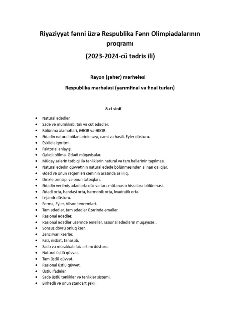 RFO Riyaziyyat Proqram | PDF