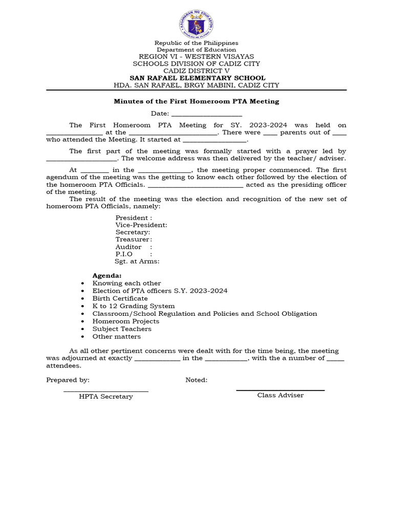 Minutes of PTA Meeting | Download Free PDF | Educational Organizations ...