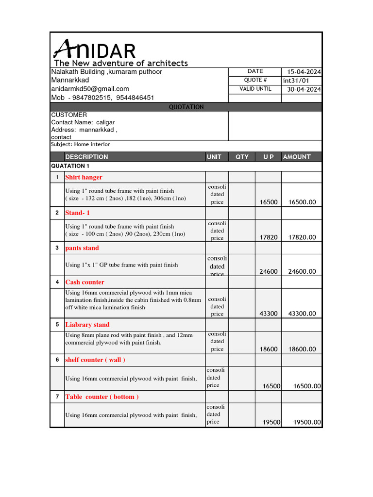 Caligar Mens Shop Quotation | PDF