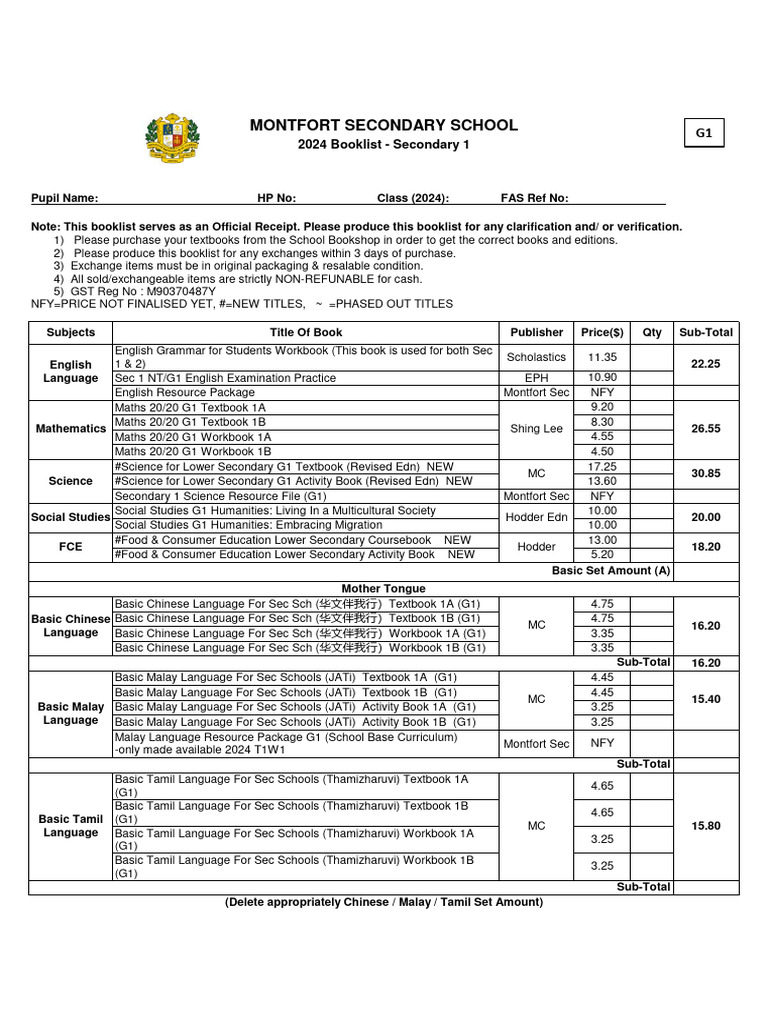 2024 Sec 1 - g1 Booklist | PDF | Textbook