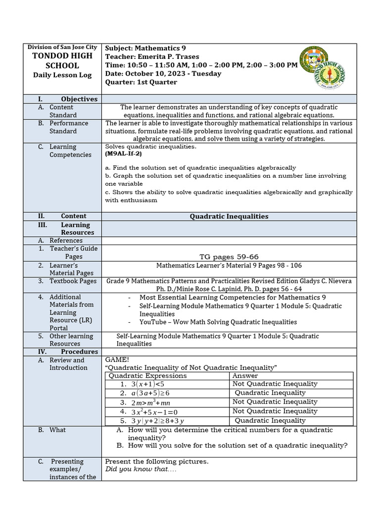 Observation DLL Quarter 1 2022 - 2023 | PDF | Quadratic Equation | Inequality (Mathematics)