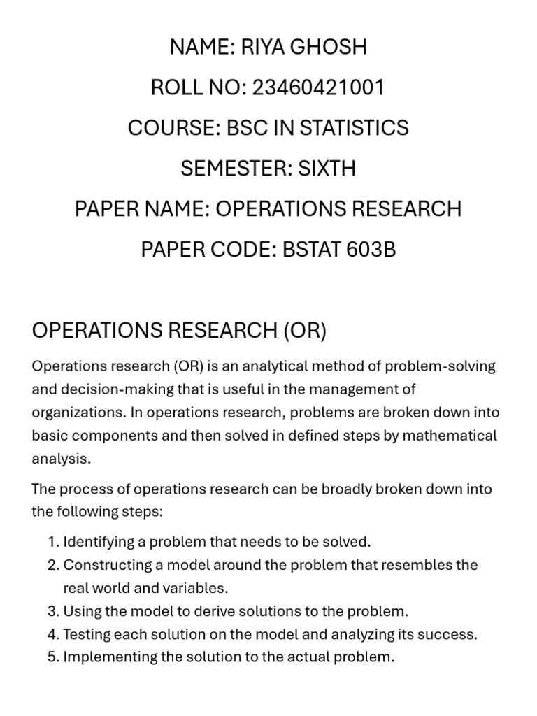 Riya Ghosh Operations Research | PDF | Operations Research | Mathematical Optimization
