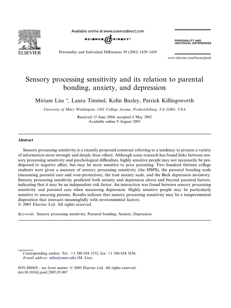 SPD - Sensory Processing Sensitivity and Its Relation To Parental Bonding, Anxiety, and ...