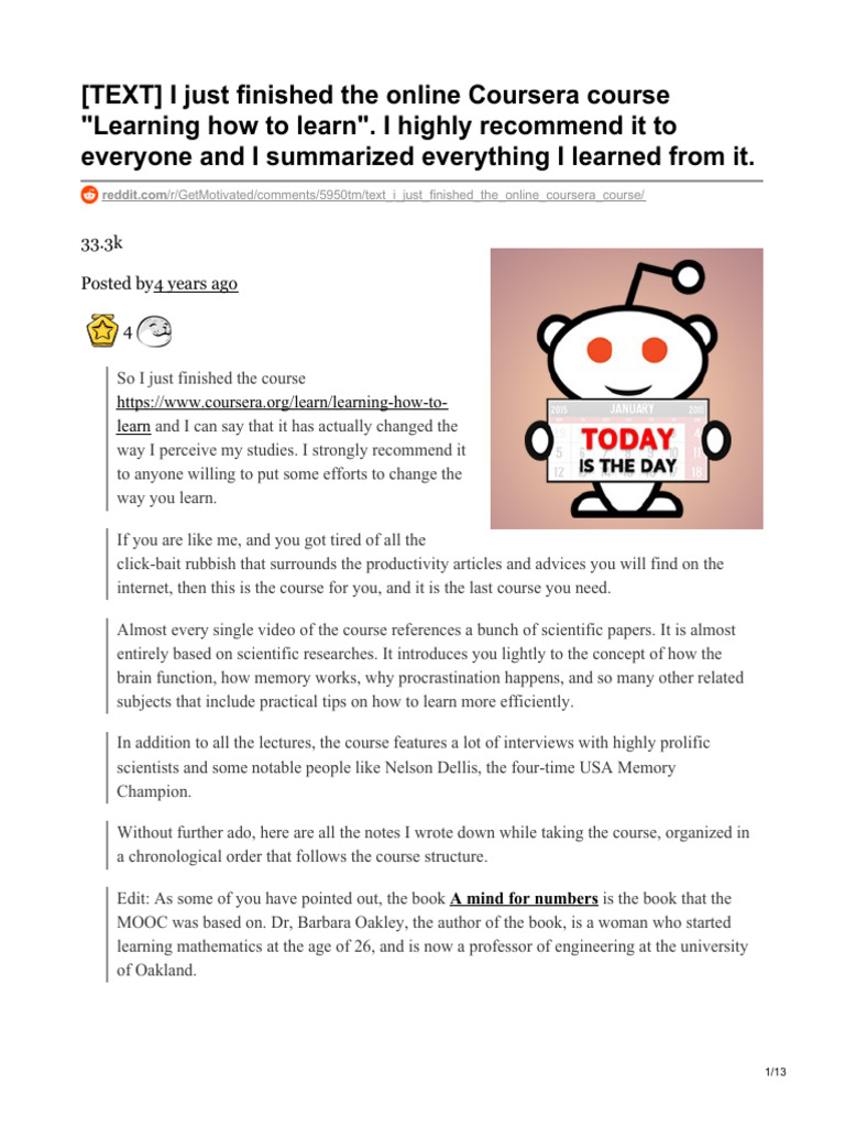 Course Summary: Learning How to Learn | PDF | Habits | Memory