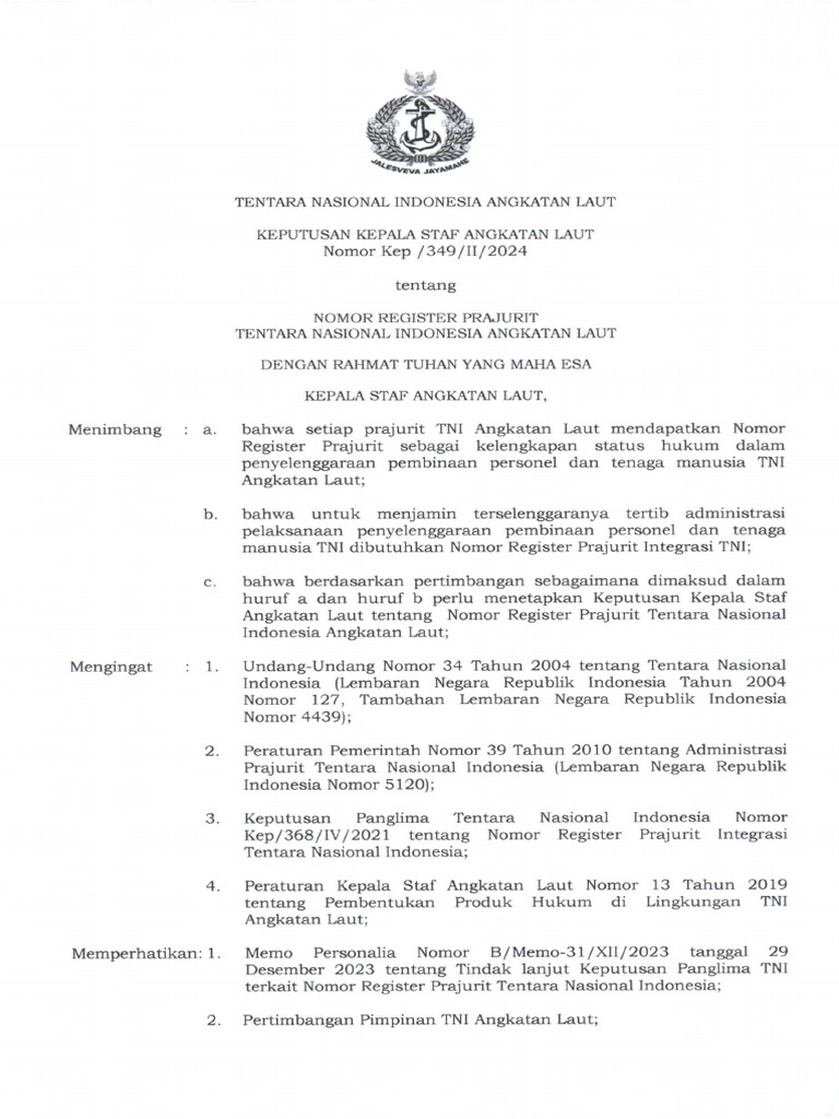 Kep349ii2024 Nomor Register Prajurit | PDF