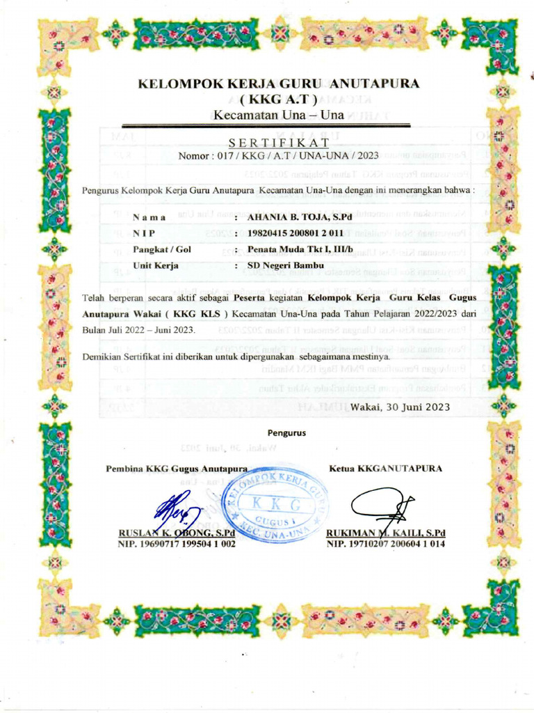 Sertifikat KKG - Ahania 2023 | PDF