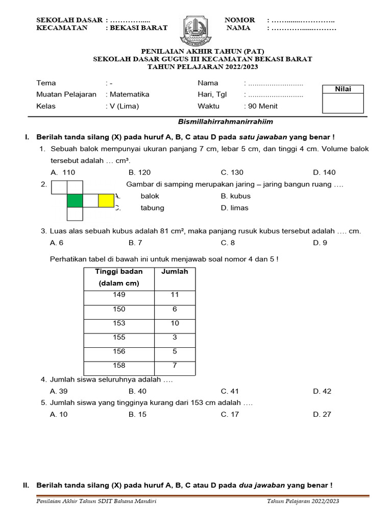 SOAL PAT MATEMATIKA KELAS 5 NEWW | PDF
