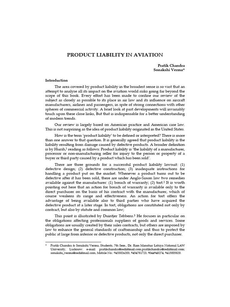 Product Liabiloty in Aviation | PDF | Product Liability | Legal Liability
