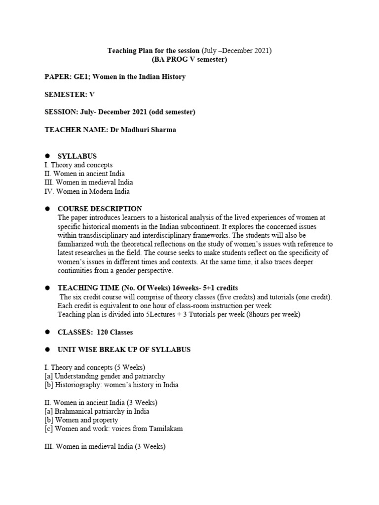 Lesson Plan BA Prog V Sem Women in Indian History (July-Dec 2021 | PDF ...